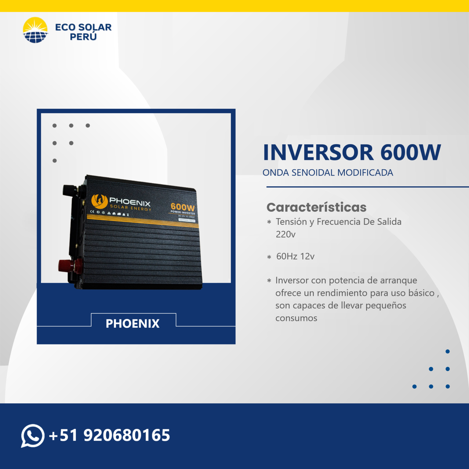 INVERSOR ONDA MODIFICADA 600W 12v PHOENIX SOLAR ENERGY – Paneles ...